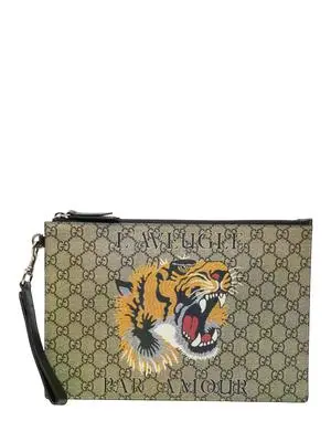 Gucci Gg Supreme Tiger Pouch - Brown