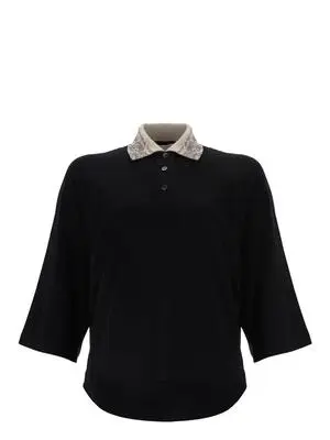 Brunello Cucinelli Buttoned Embellished Polo Shirt - Black