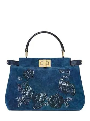Fendi Mini Peekaboo Floral-embroidered Denim Tote - Blue