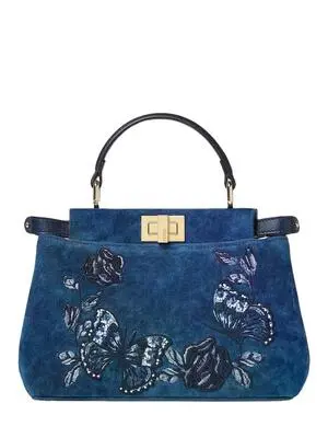 FENDI Mini Peekaboo Floral-Embroidered Denim Tote