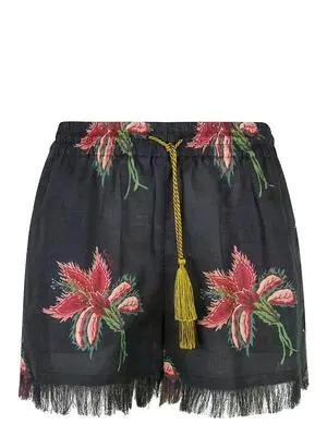 Valentino Garavani Floral-pattern Shorts With Tassel Detail - Blue