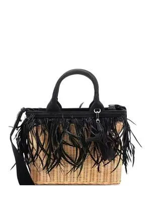 Prada Convertible Fringe Basket Bag Wicker And Woven Straw Small Tote - Black