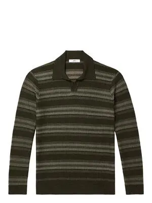 Mr P. Striped Ribbed Merino Wool Polo Sweater - Army Green