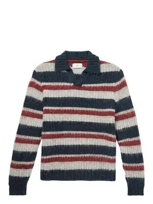 Mr P. Striped Waffleknit Alpacablend Polo Shirt - Navy