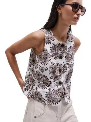 ME+EM Cheesecloth Floral Print Cropped Top - Soft White/brown