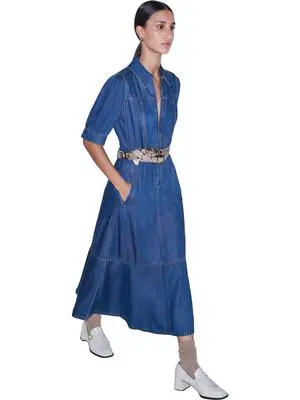 ME+EM Fit And Flare Midi Dress With Belt - Mid Blue Wash