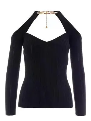 Elisabetta Franchi Chain-detail Ribbed-knit Blouse - Black