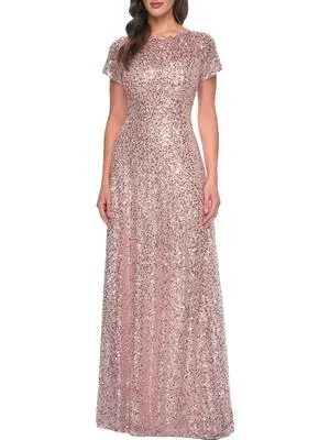LABOMME Beaded Gown With Short Sleeves - Mauve