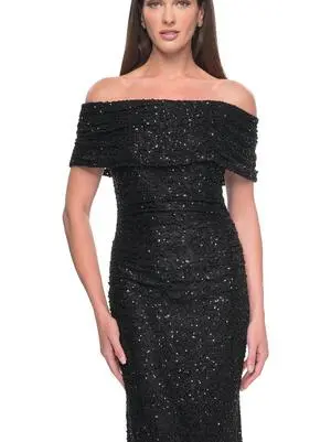 LABOMME Off-the-shoulder Beaded Lace Gown - Black