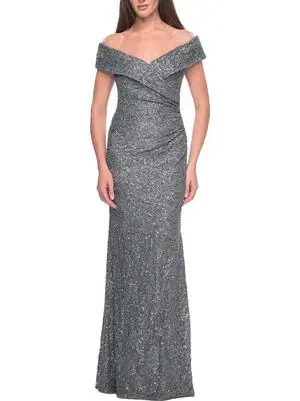LABOMME Off-the-shoulder Beaded Lace Gown - Gunmetal