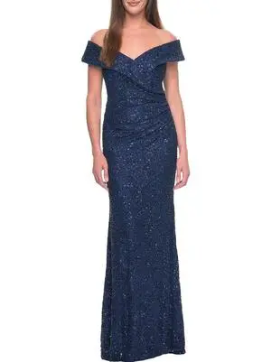 La Femme Off-the-shoulder Beaded Lace Gown - Navy