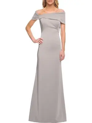 La Femme Off The Shoulder Jersey Gown - Silver