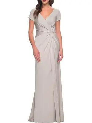 La Femme Elegant V-neck Knot Evening Gown - Silver