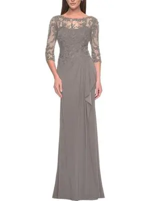 LABOMME Long Evening Gown With Lace Illusion Sleeves - Platinum