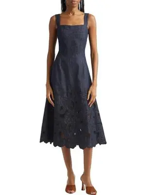 Veronica Beard Rosaura Eyelet Embroidery Denim A-line Dress - Indigo Rinse