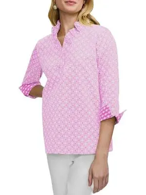Foxcroft Geo Lattice Print Ruffle Collar Top - Pink/white