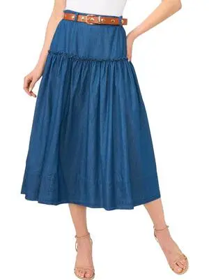CECE DUPRAZ Tiered Belted Denim Midi Skirt - Mid Indigo
