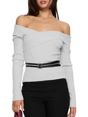 Princess Polly Off-the-shoulder Belted Sweater - Grey