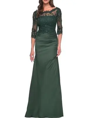 LABOMME Satin And Lace Off-the-shoulder Gown - Dark Emerald