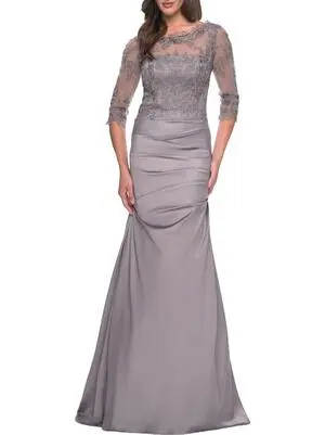 La Femme Satin And Lace Off-the-shoulder Gown - Silver