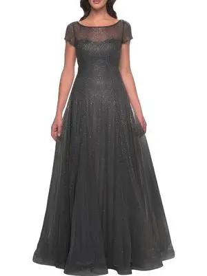 LABOMME Beaded A-line Gown With Illusion Neckline And Sleeves - Gunmetal