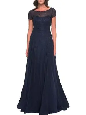 La Femme Beaded A-line Gown With Illusion Neckline And Sleeves - Navy