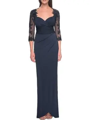 La Femme Long Jersey Evening Dress With Lace Sleeves - Navy