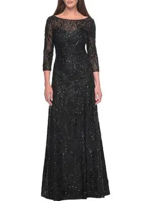 LABOMME Beaded Long Dress With Illusion Sleeves - Black