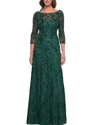 La Femme Beaded Long Dress With Illusion Sleeves - Emerald