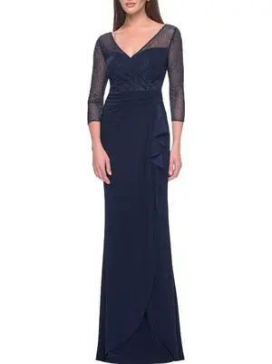 La Femme Evening Gown With Illusion Sleeves - Navy
