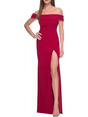 La Femme Off-the-shoulder Jersey Dress With Ruching And Slit - Red