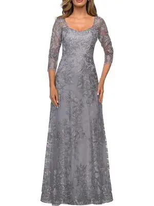 La Femme Long Lace A-line Gown - Silver