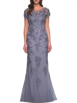 LABOMME Lace And Net Fitted Long Gown - Dusty Purple