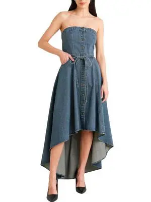 FREEMARKET Belted Strapless High-low Midi Dress - Medium Indigo