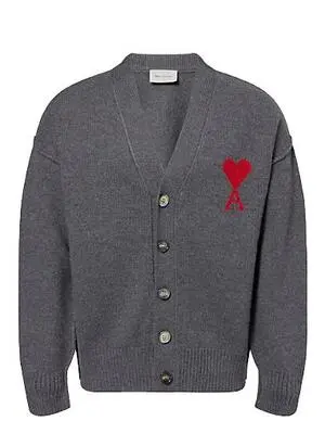 Ami Heart Knitted Wool Cardigan - Gris Chine / Rouge