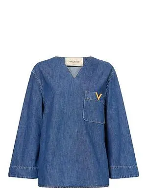 Valentino Garavani V-neck Long-sleeve Denim Shirt - Medium Blue Denim
