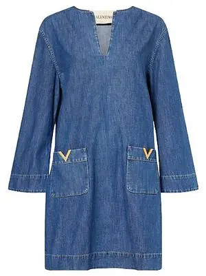 Valentino Garavani Denim Midi Dress With V Hardware - Medium Blue Denim