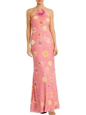 Mac Duggal Halter Neck Floral Embellished Mesh Gown - Pink Lemonade