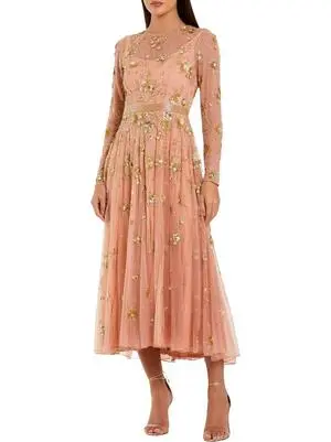 Mac Duggal Beaded Long Sleeve A-line Midi Dress - Peach