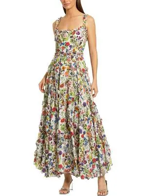 Mac Duggal Floral Cotton Ruffle Square Neck Ankle Dress - White Multi