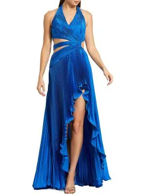 Mac Duggal Halter Neck Pleated Charmeuse Cut Out Gown - Cobalt