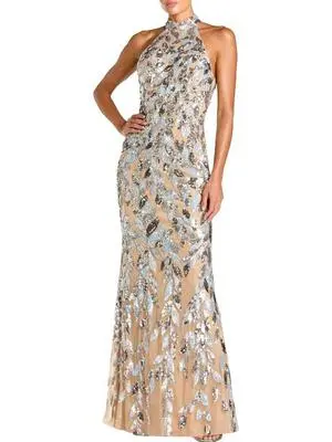 Mac Duggal Sequin Halter Column Gown With Open Back - Silver Nude