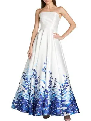 Mac Duggal Strapless Floral Print Mikado Ball Gown - White Multi
