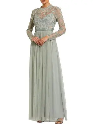 Mac Duggal Embellished Illusion High Neck Long Sleeve Gown - Sage