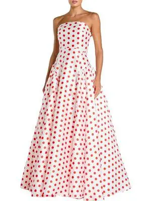 Mac Duggal Strapless Polka Dot Mikado Ballgown - White Multi