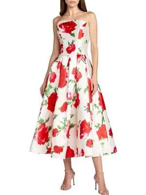 Mac Duggal Floral Printed A-line Midi Dress - Rose Multi