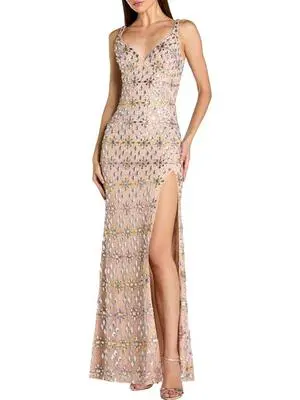 Mac Duggal Beaded Sweetheart Neck Column Gown With Slit - Light Rose
