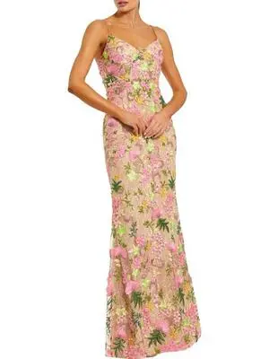 Mac Duggal Floral Embroidered Column Gown - Nude Multi