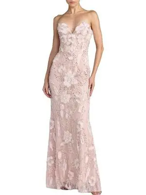 Mac Duggal Floral Beaded Mesh Strapless Column Gown - Porcelain