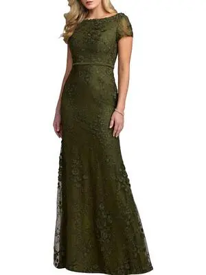 Mac Duggal Floral Appliqué Boat Neck Cap Sleeve Gown - Olive